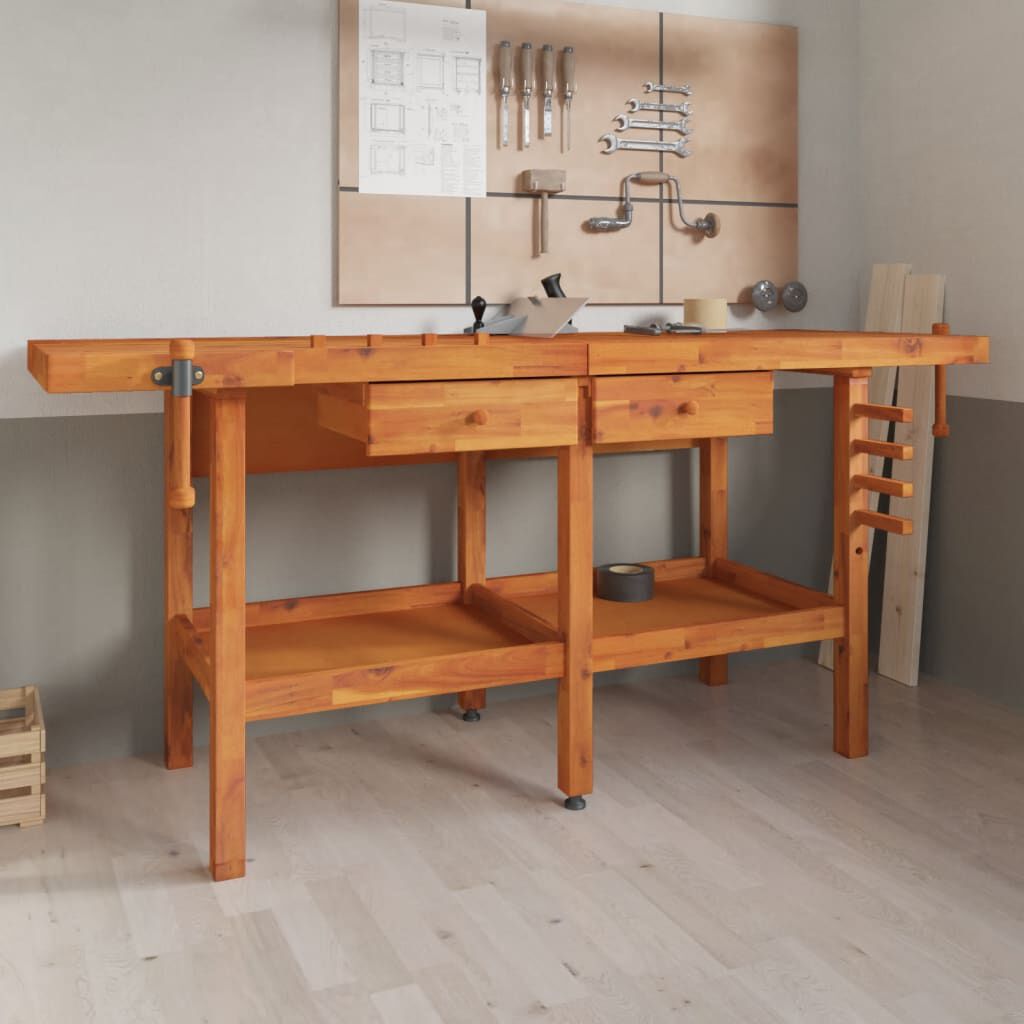 vidaXL Workbench with Drawers and Vices 192x62x83 cm Solid Wood Acacia ...