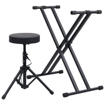 vidaXL Double Braced Keyboard Stand and Stool Set Black | vidaXL.com.au