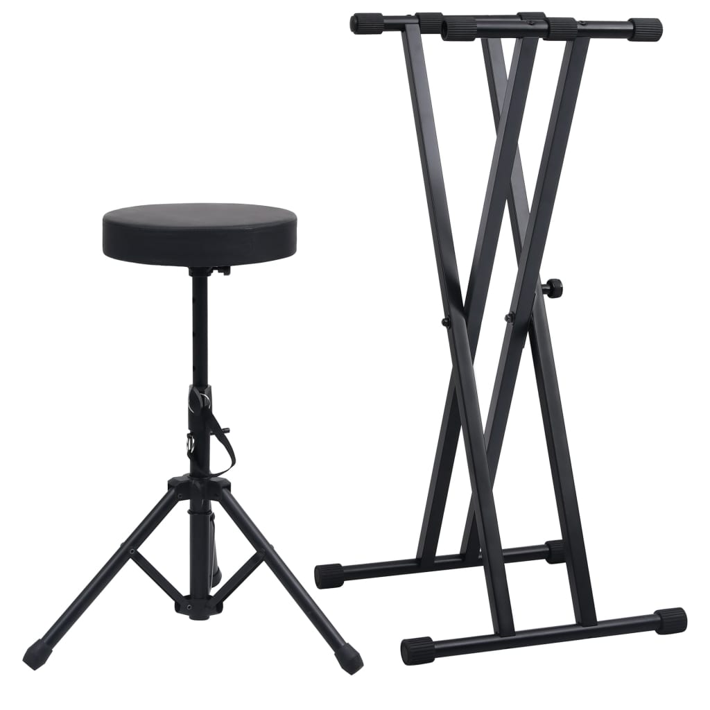 vidaXL Double Braced Keyboard Stand and Stool Set Black | vidaXL.com.au