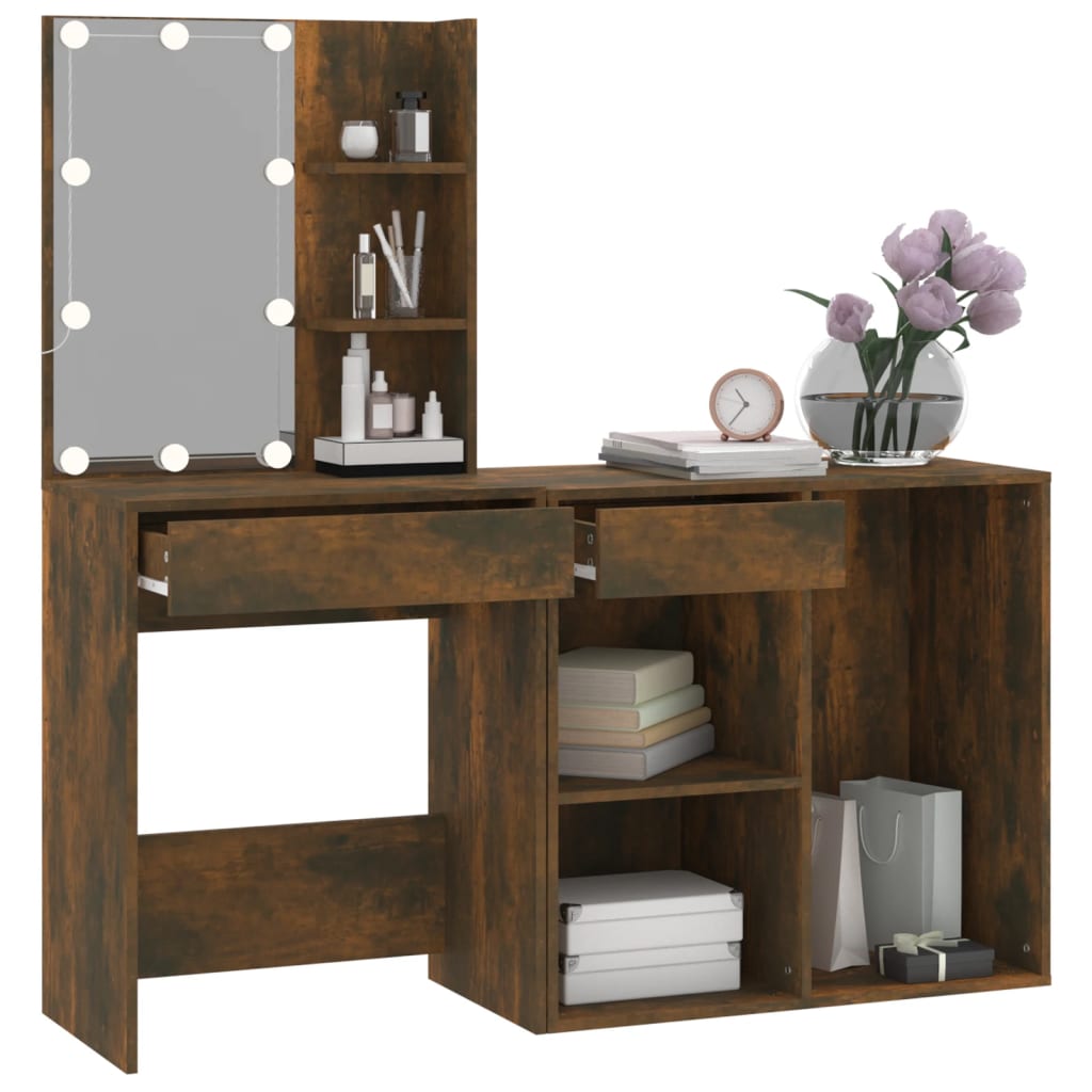 vidaXL LED Dressing Table with Cabinet Smoked Oak Engineered Wood ...