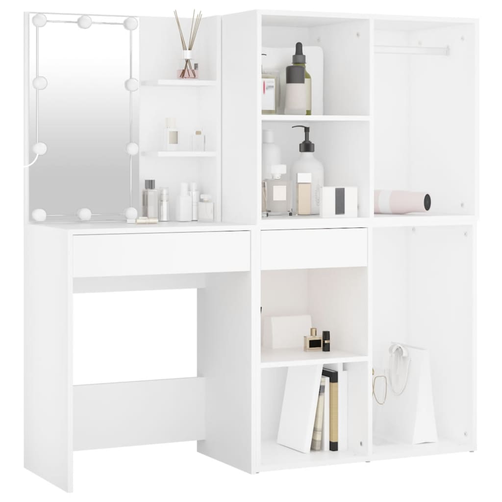 vidaXL LED Dressing Table with 2 Cabinets White Engineered Wood ...