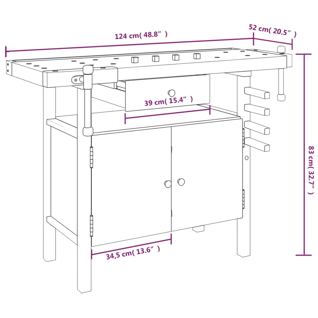 vidaXL Workbench with Drawer and Vices 124x52x83 cm Solid Wood Acacia ...
