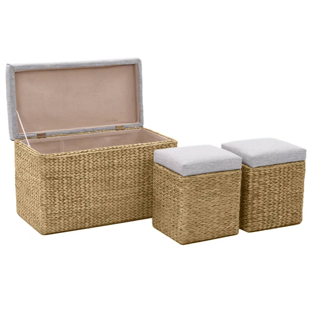 vidaXL Bench with 2 Ottomans Seagrass Grey | vidaXL.com.au