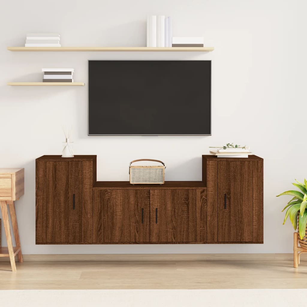 vidaXL 3 Piece TV Cabinet Set Brown Oak Engineered Wood | vidaXL.com.au