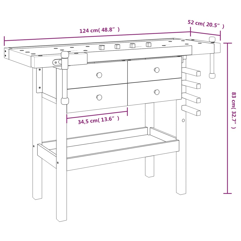 vidaXL Workbench with Drawers and Vices 124x52x83 cm Solid Wood Acacia ...