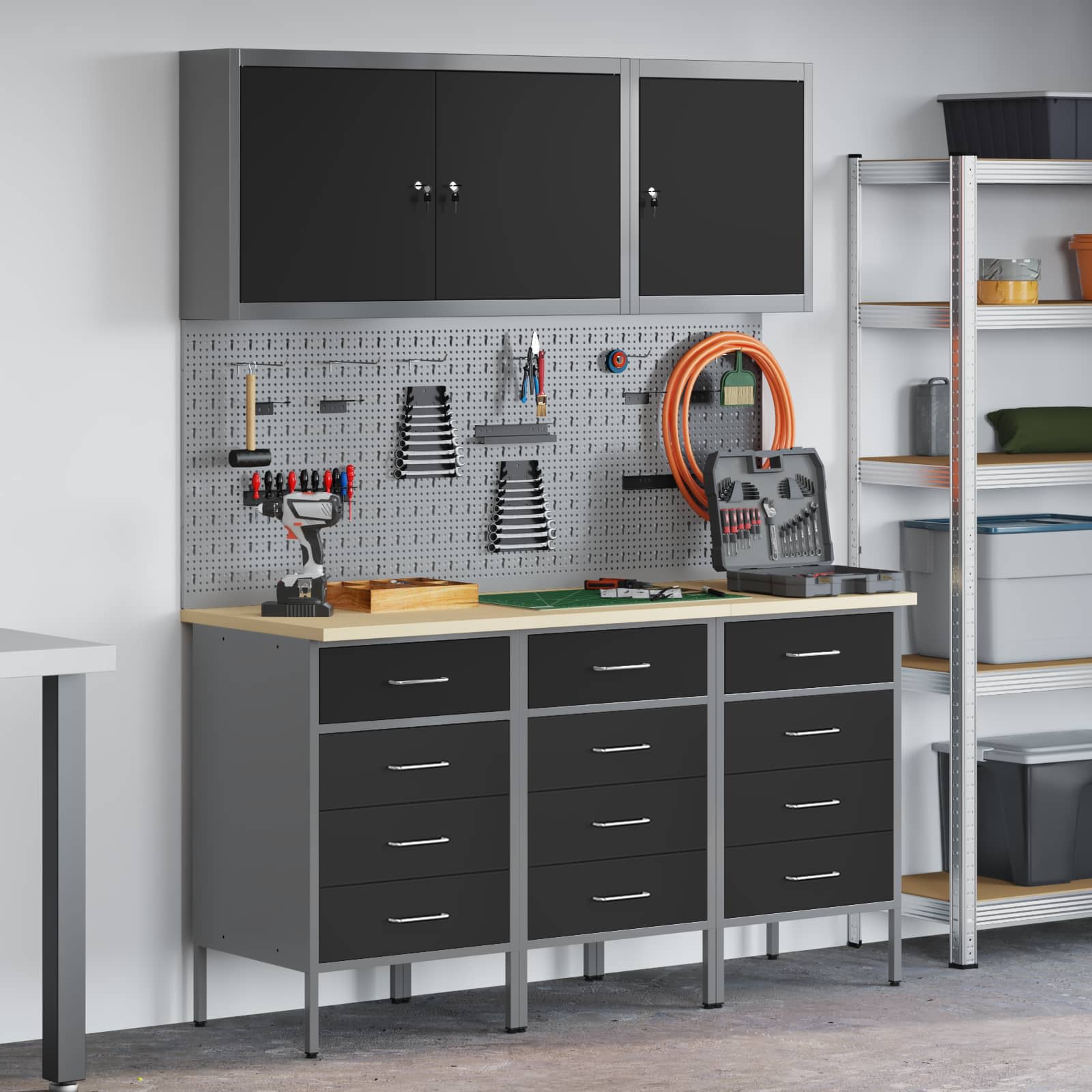 vidaXL Work Cabinet with Drawer 8 pcs Black Engineered Wood and Steel ...