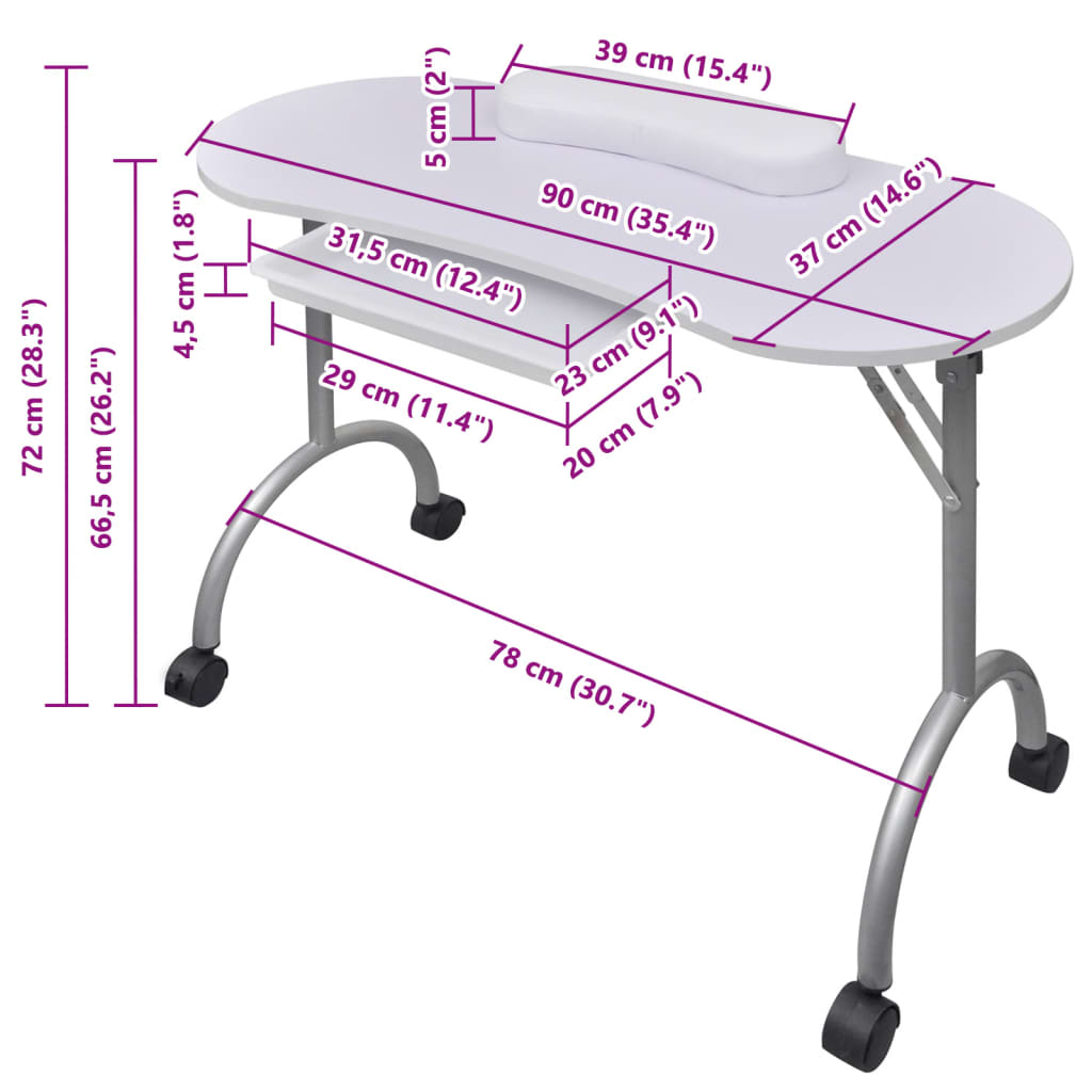 Folding Manicure Nail Table with Castors White | vidaXL.com.au